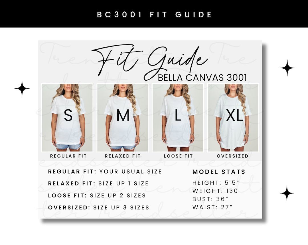 Bella Canvas 3001 Fit Guide, BC3001 Size Chart, Tee Shirt Sizing Guide ...