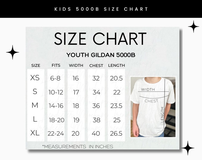 Gildan 5000B Size Chart Gildan 5000B Youth Size Chart Unisex Gildan ...