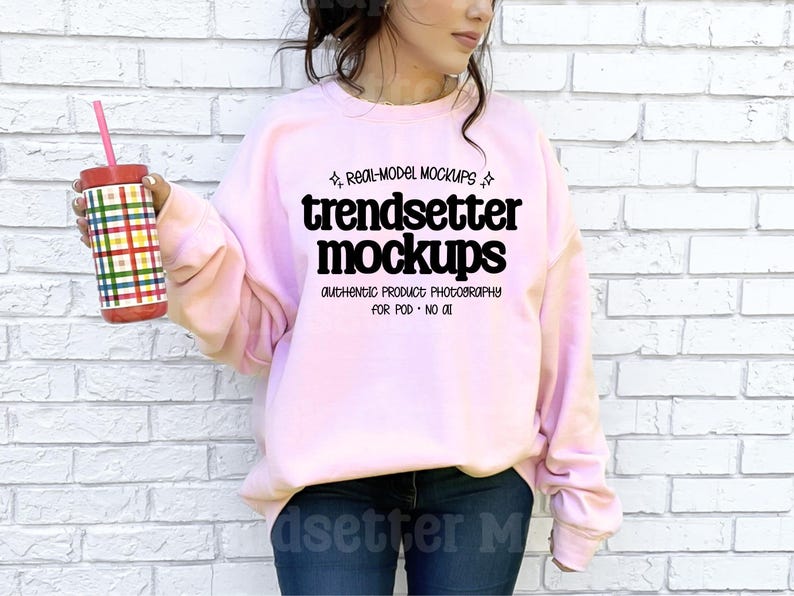 Light Pink Gildan 18000 Crewneck Sweatshirt Mockup, Real Person Model ...