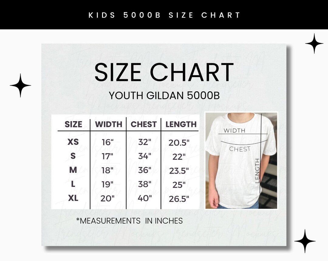 Gildan 5000B Youth Size Chart, Unisex Gildan G5000B Size Chart, Gildan ...
