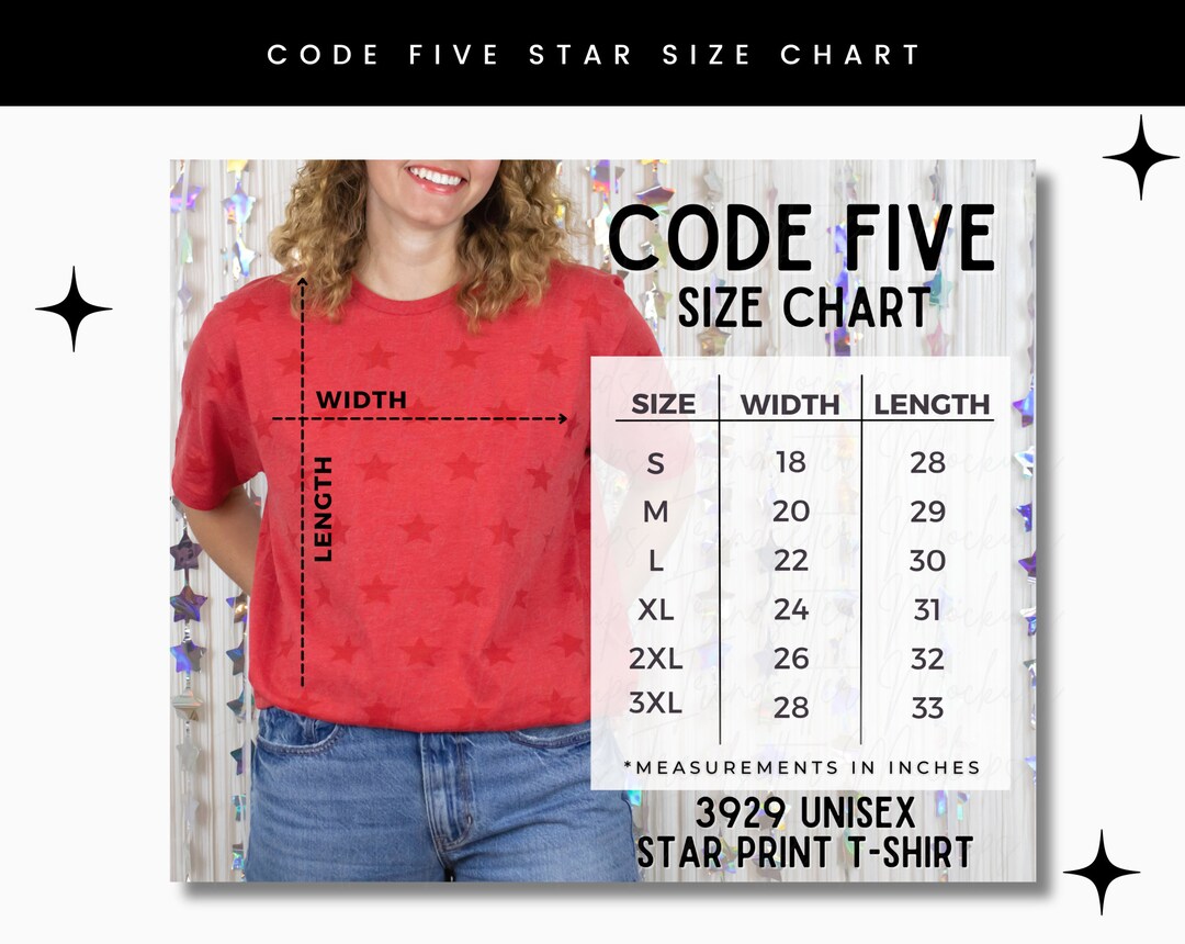 Code Five 3929 Size Chart, Code Five Star Unisex Size Chart, Unisex ...