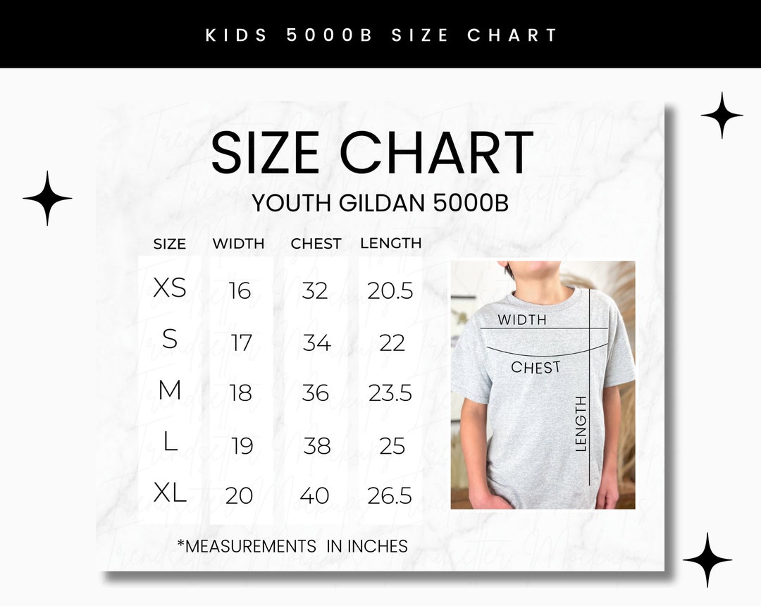 Gildan 5000B Youth Size Chart, Unisex Gildan G5000B Size Chart, Gildan ...