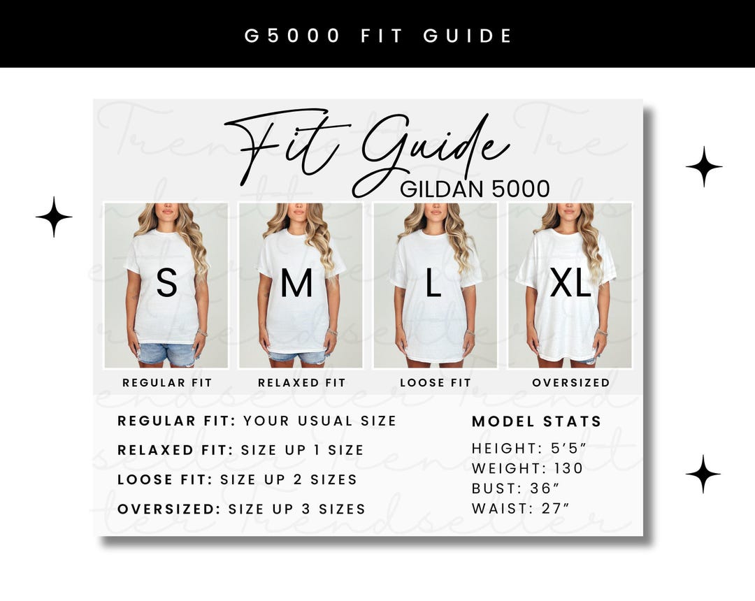 Gildan 5000 Fit Guide, G5000 Size Chart, Tee Shirt Sizing Guide, G500 ...