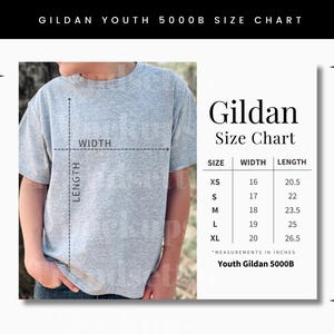 Gildan 5000B Youth Size Chart, Unisex Gildan G5000B Size Chart, Gildan ...