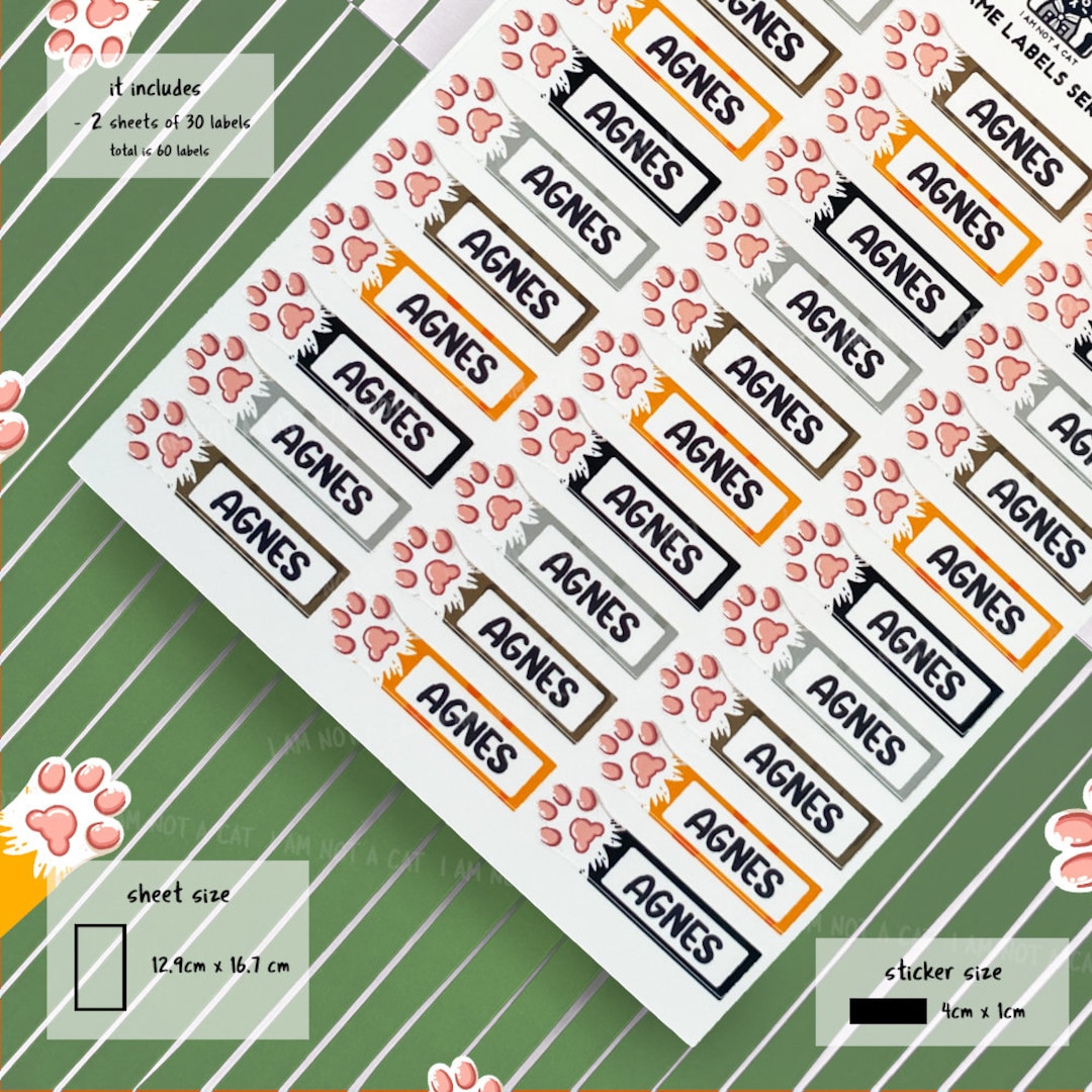 Personalized Name Labels Cat Paws X60 - Daycare, School Supply, Custom ...