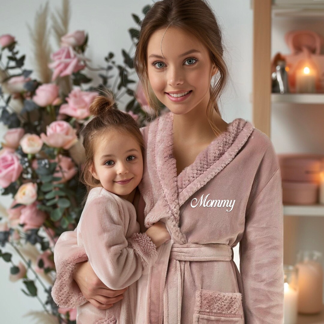 Embroidery Robe for Mom, Long Plush Bathrobe, Fluffy Mommy Robes, Push ...