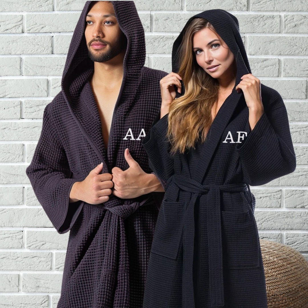 His & Hers Waffle Robe Set - Hooded Wedding Robe, Unisex Housecoat With ...