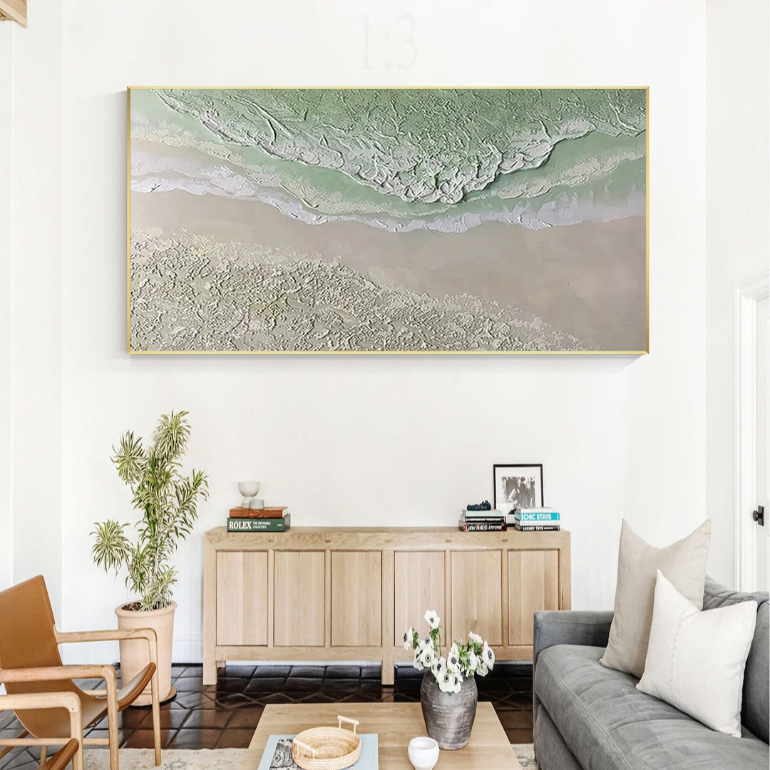 Seascape Beach 3D Heavy Texture Painting on Canvas, Gray Green Sea ...