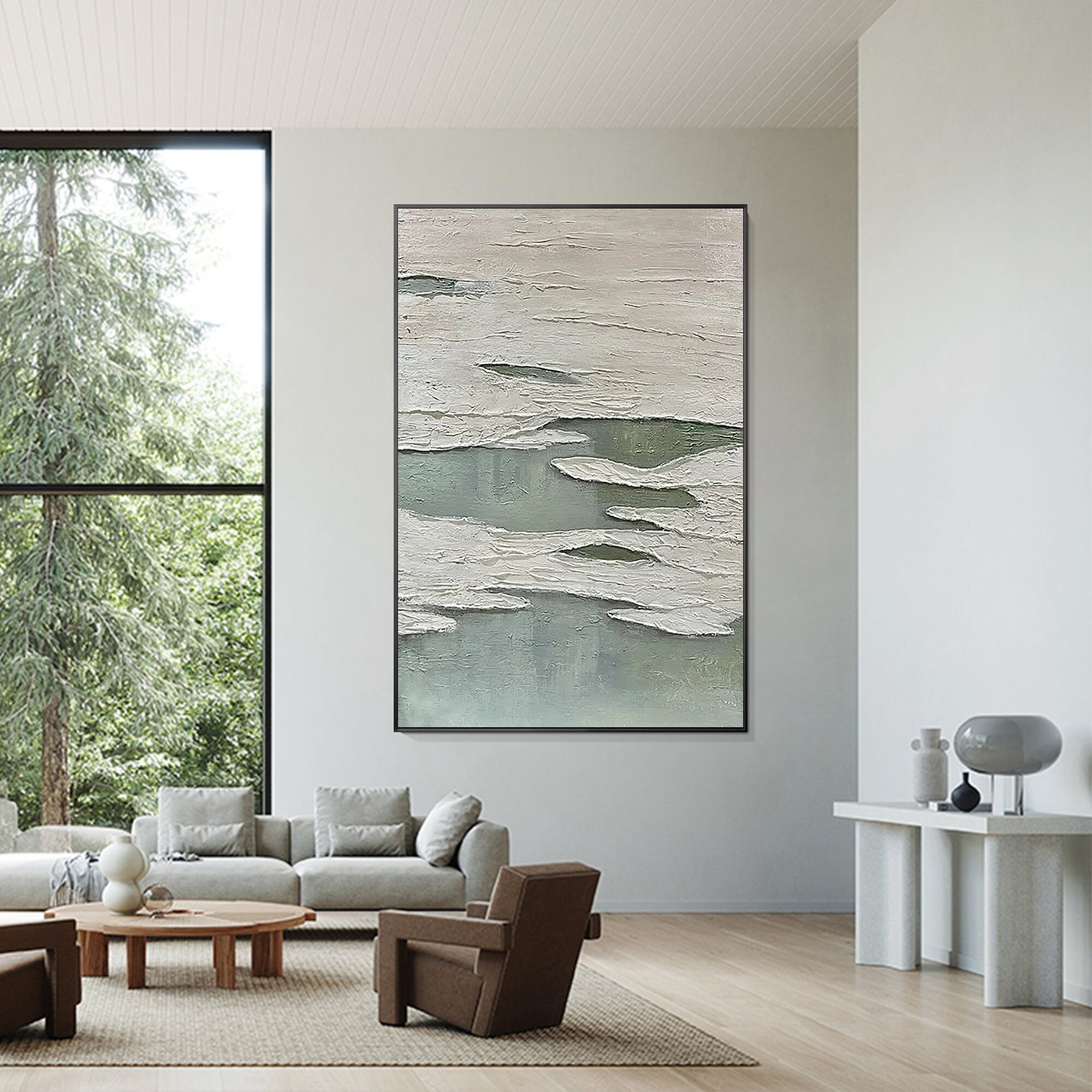 Sage Green Gray Textured Wall Art Abstract Painting on Canvas ...