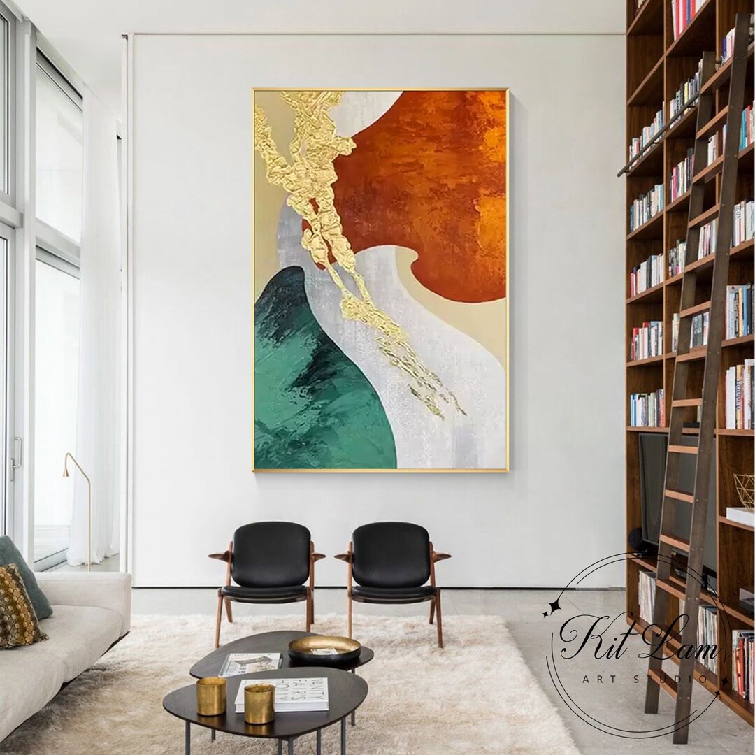 Gold Foil Vertical Abstract Painting on Canvas, Oversize Textured Wall ...