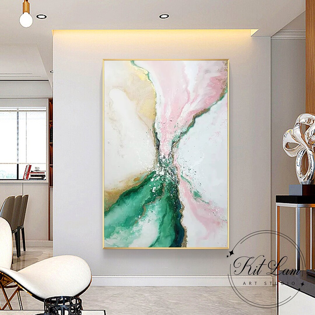 Green Pink Gold Abstract Painting on Canvas, Oversize Wall Art - Etsy