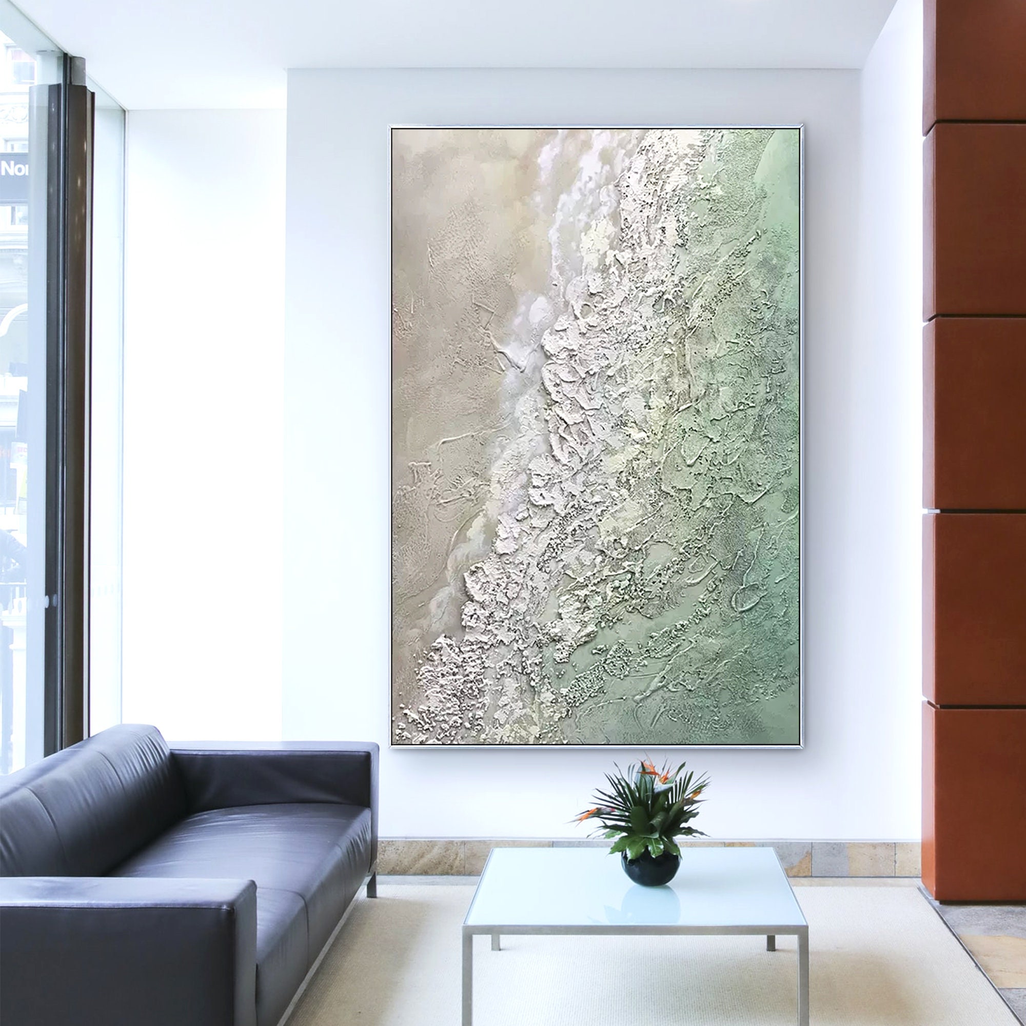 Green Beige Texture Beach Ocean Painting on Canvas, Vertical Extra ...