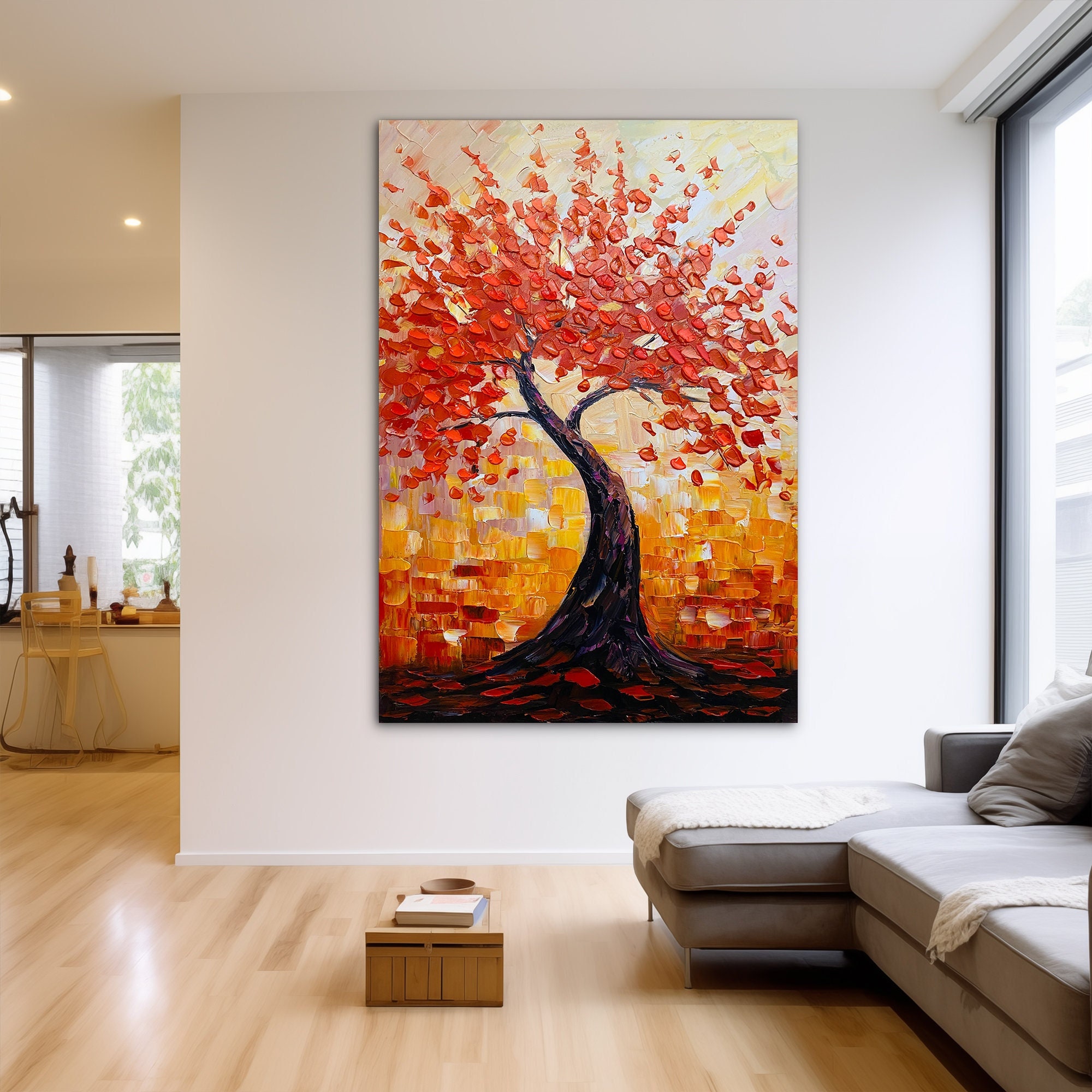 Textured Red Orange Flower Tree of Life Painting: Vertical Floral ...