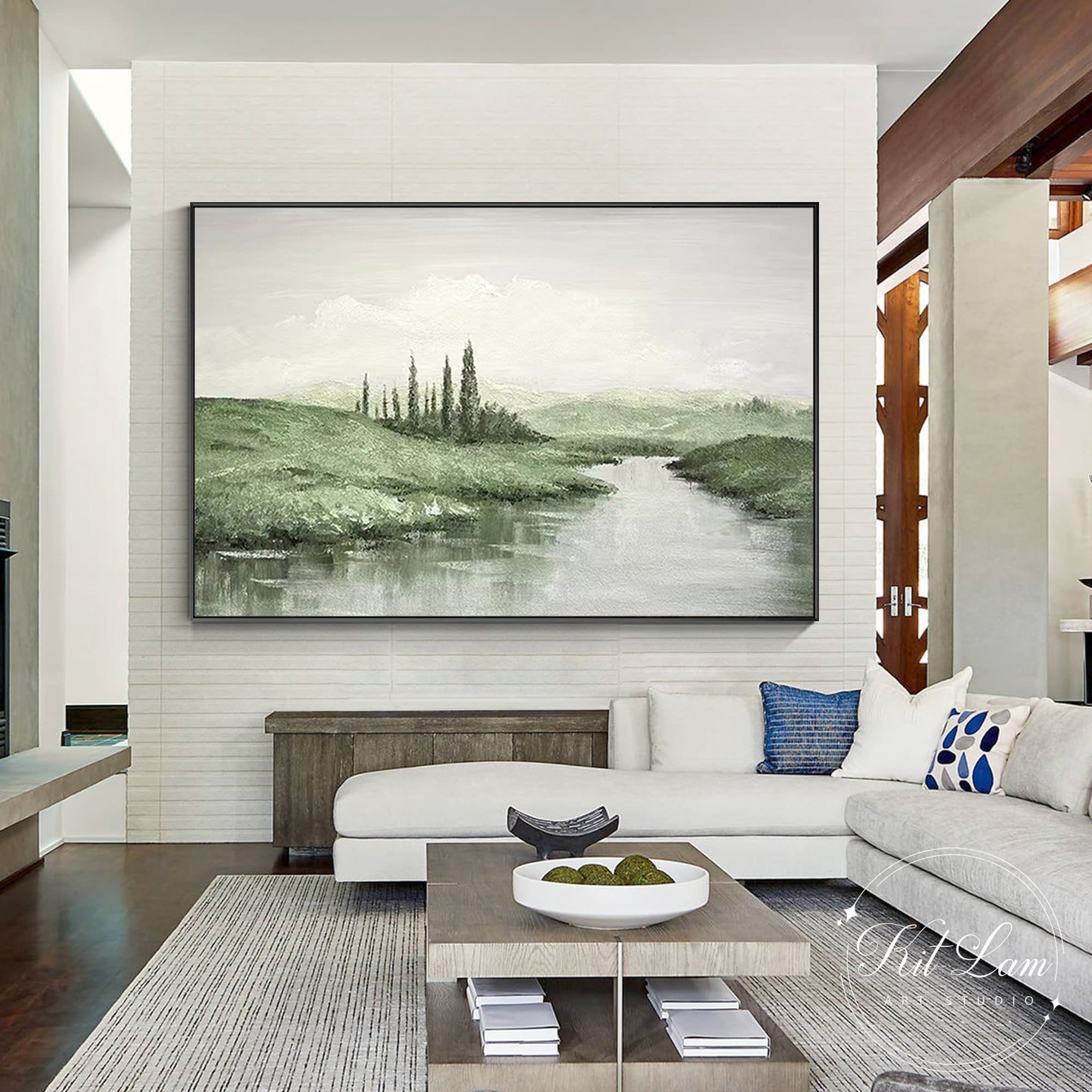 Green Grassland Painting River Tree Landscape Painting on Canvas ...