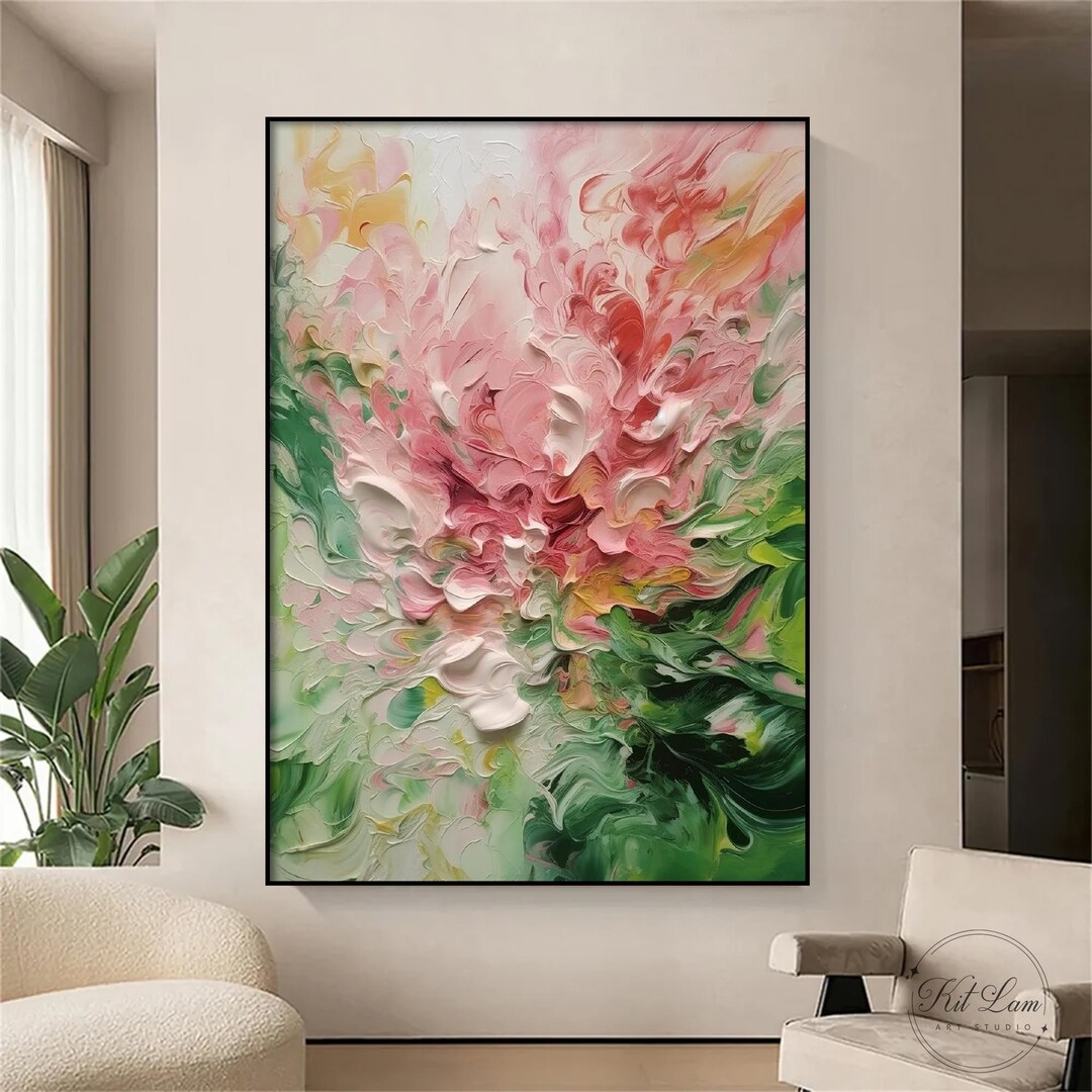 Textured Flower Painting: Abstract Creamy Green Pink Floral Wall Art - Etsy