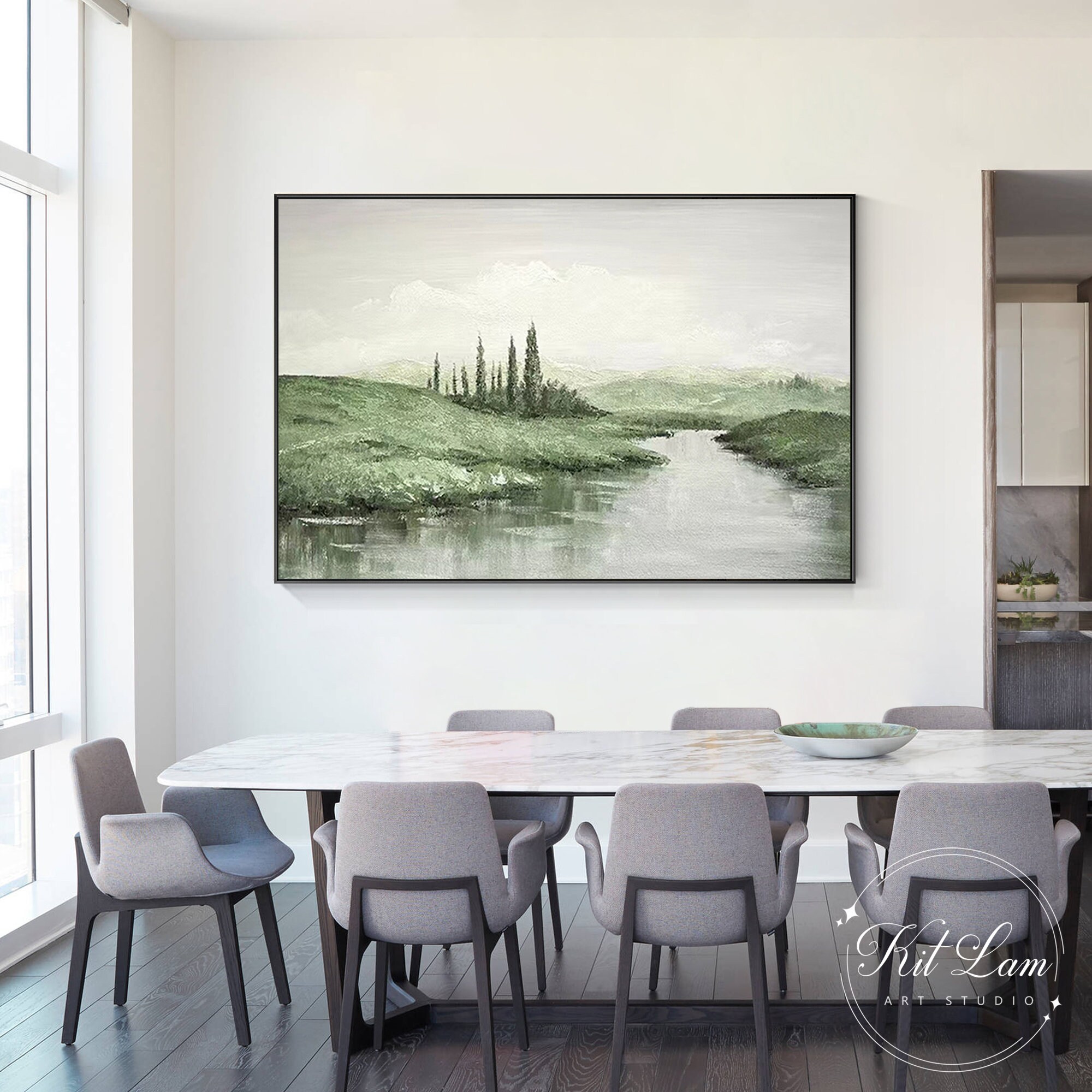 Green Grassland Painting River Tree Landscape Painting on Canvas ...