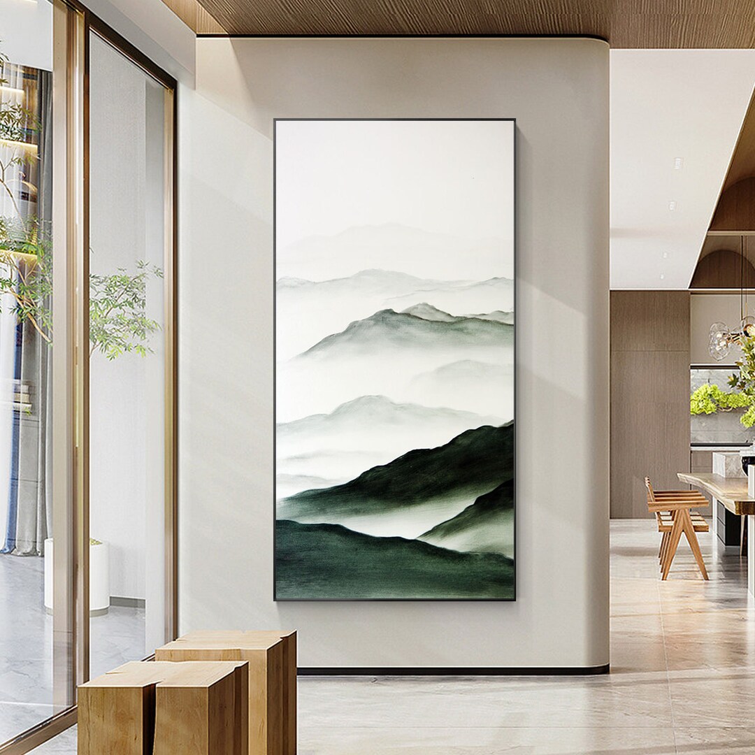 Foggy Mountain Painting: Dark Green Gray Vertical Wall Art - Etsy