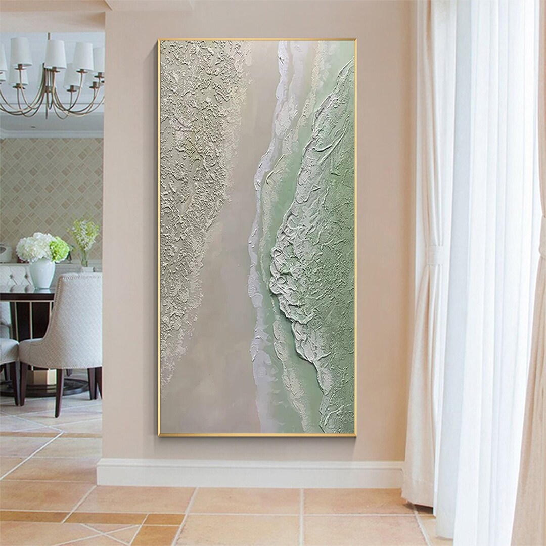 Textured Seascape Painting: Beach, Gray Green Sea Waves, Coastal Ocean ...