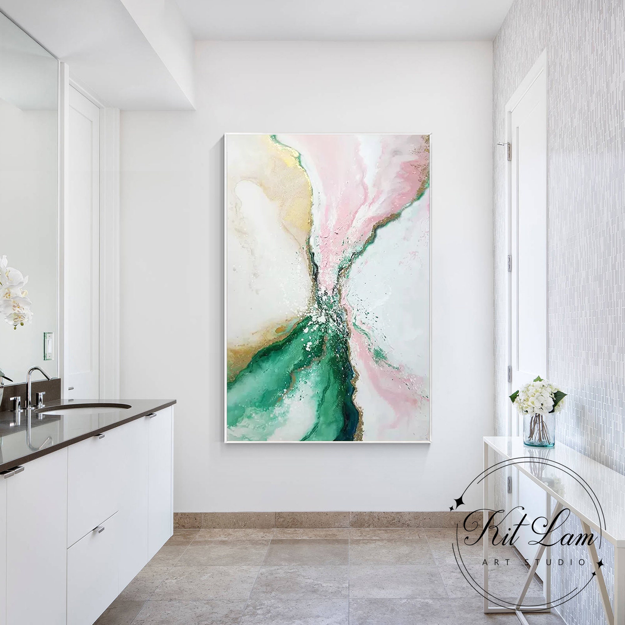 Green Pink Gold Abstract Painting on Canvas, Oversize Wall Art - Etsy