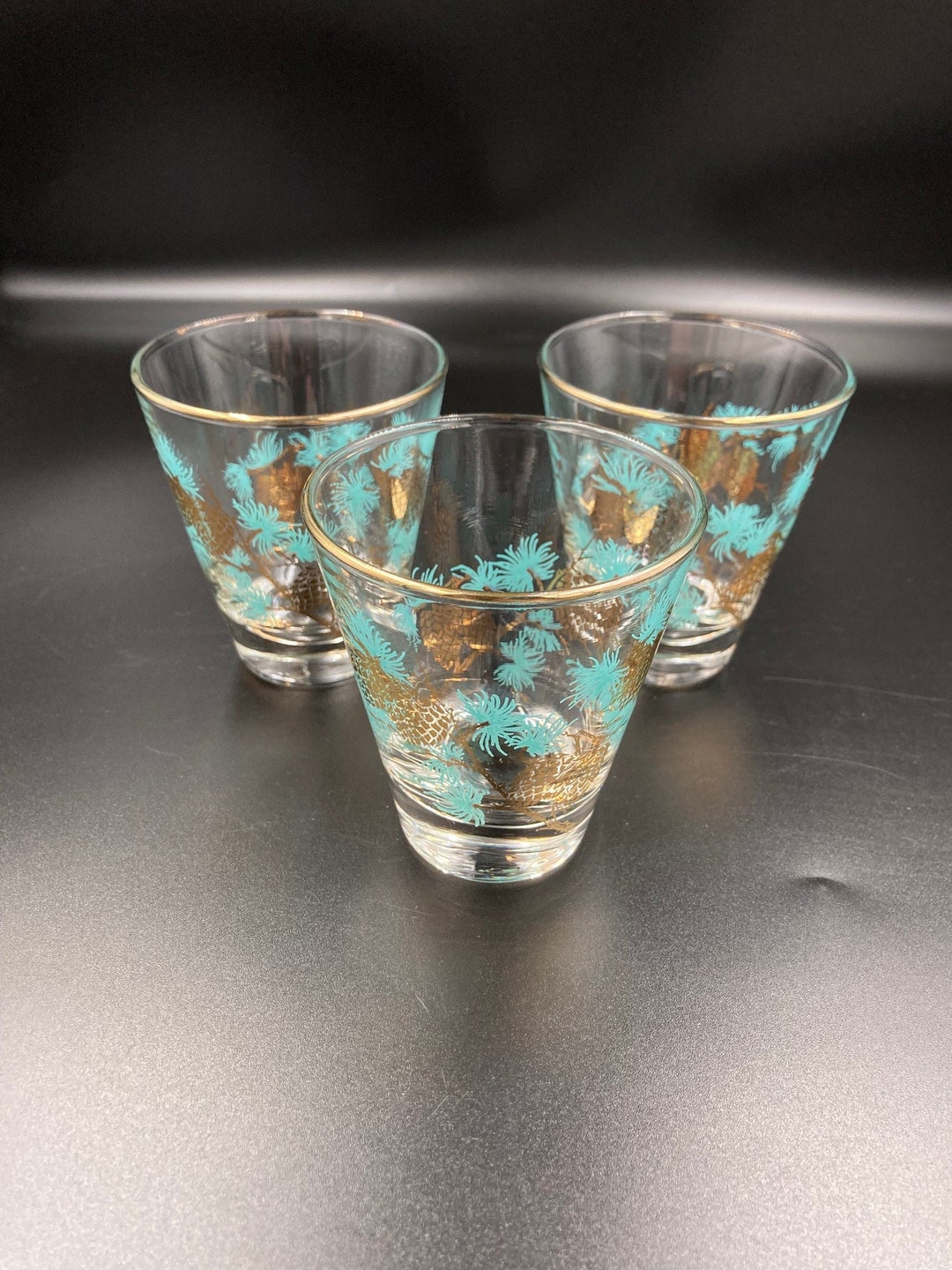 Lot of 3 Libbey Vintage Glasses, MCM - Gold Pine Cones W/ Turquoise ...