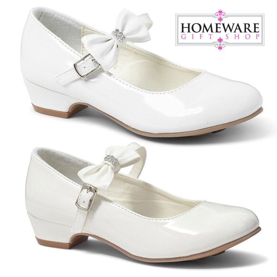 Girls Holy Communion Bow Shoes Patent White or Ivory Mary Jane Wedding ...