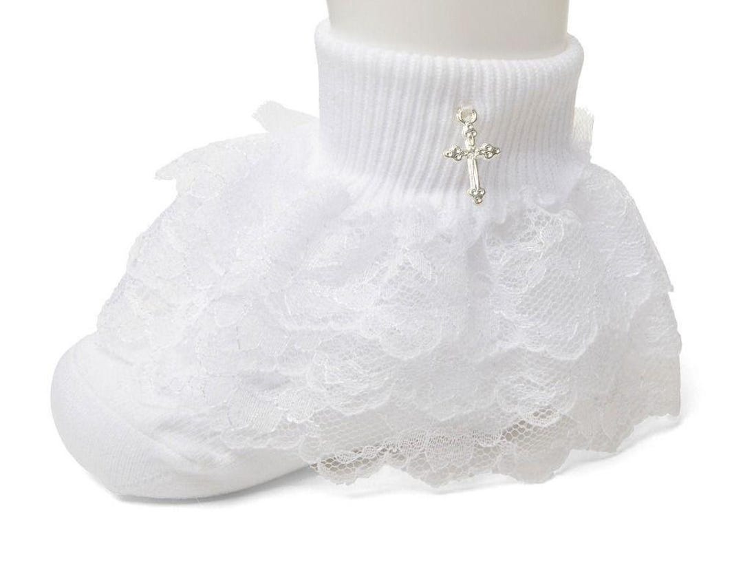 Holy Communion Frilly Laced Socks in White With a Silver Cross - Etsy UK