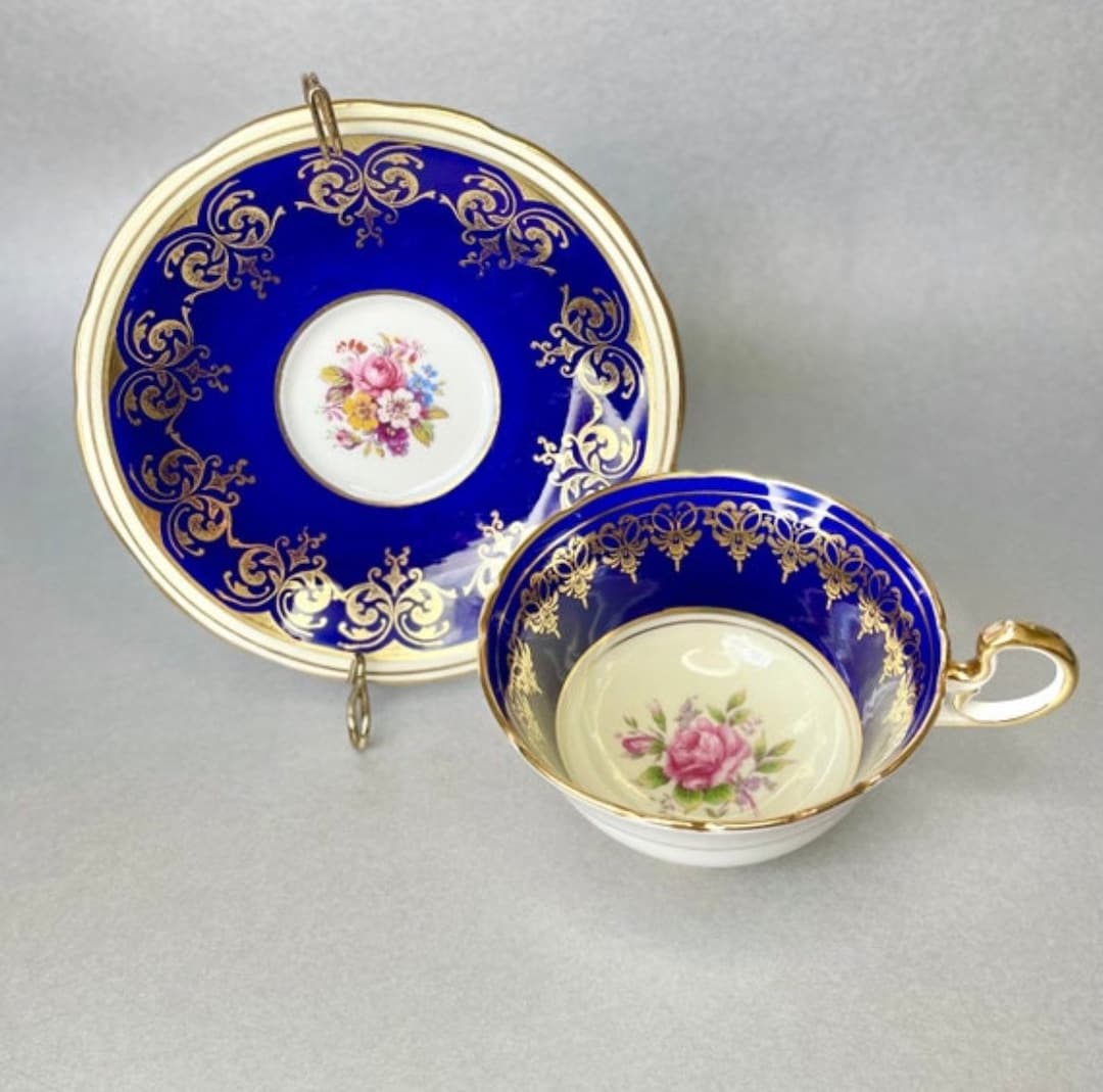Vintage Aynsley England Bone China Teacup and Saucer, Cobalt Blue Cream ...