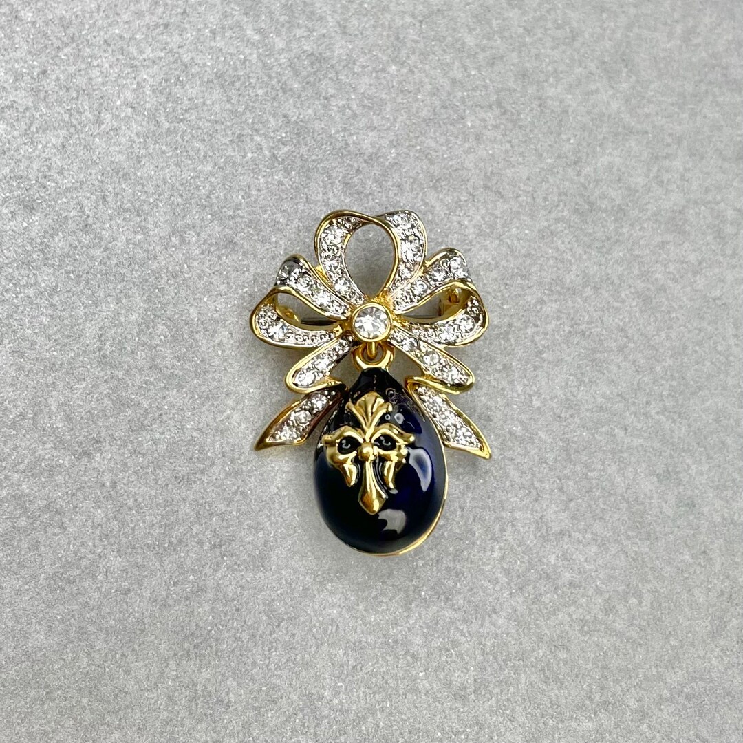 Vintage H M Ribbon Bow With Egg Pin, Gold Tone Clear Rhinestones Dark ...
