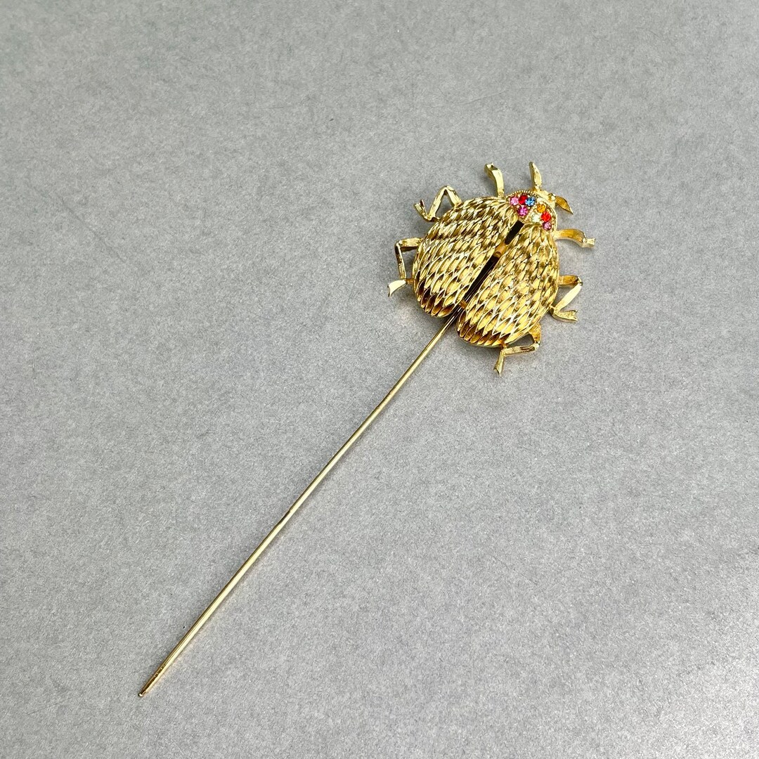 Vintage Gold Bug Long Pin, Gold Tone Rose Bleu Rouge Strass Petite ...
