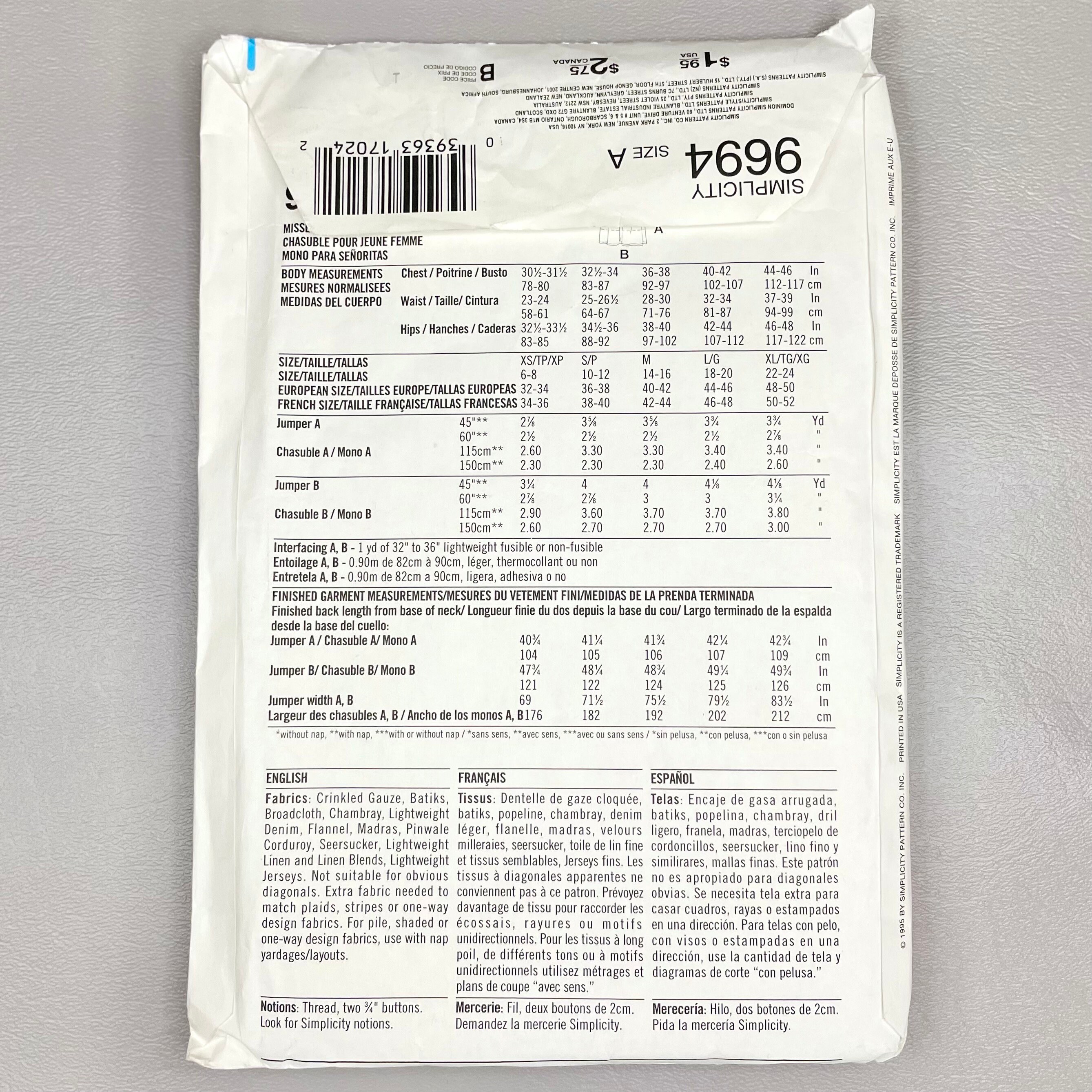 Vintage 1995 Simplicity 9694 Sewing Cut Pattern, Size Petite XS-XL ...