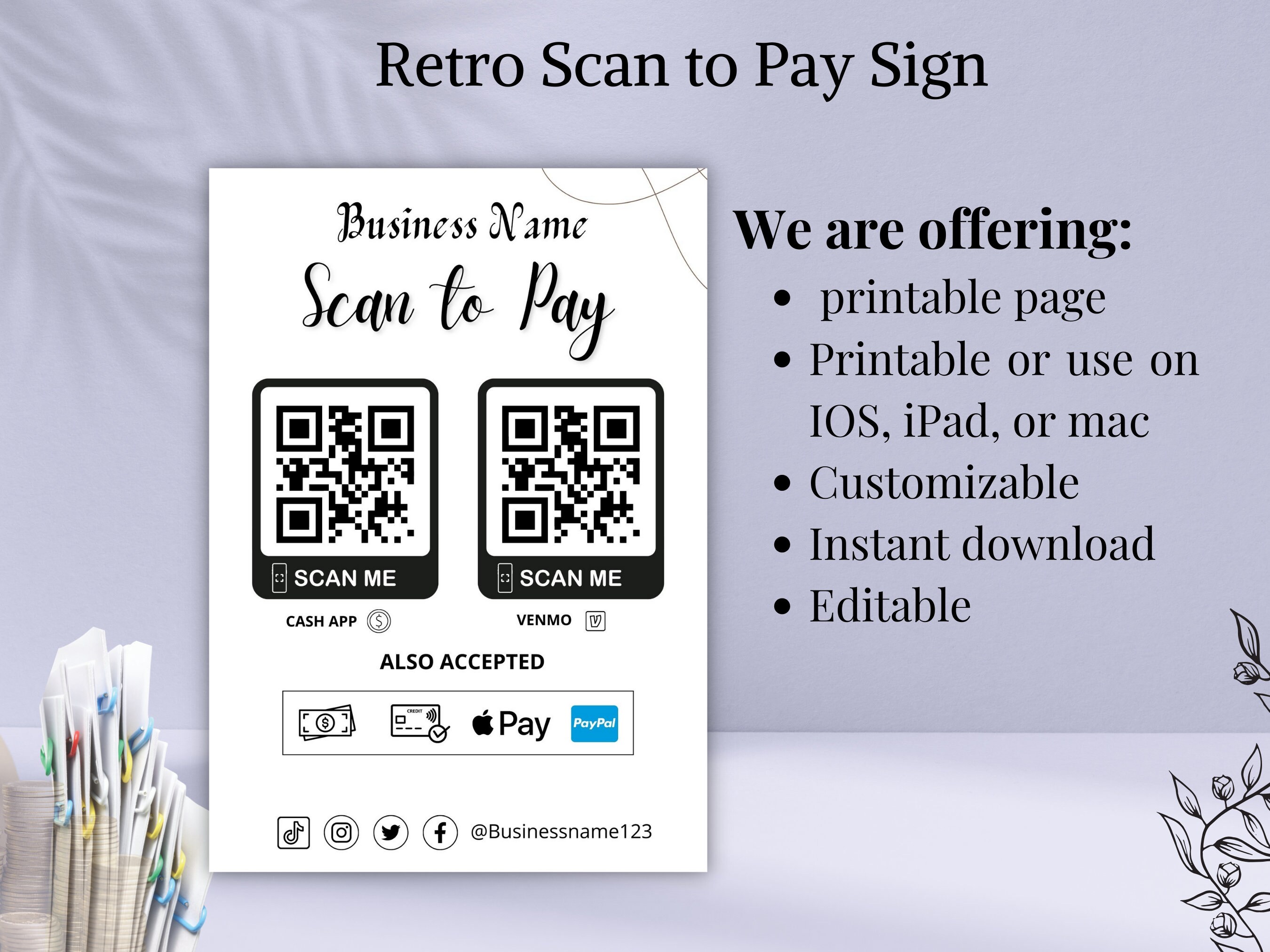 Editable Scan to Pay Sign Card, QR Code, Scan to Pay Template, Payment ...