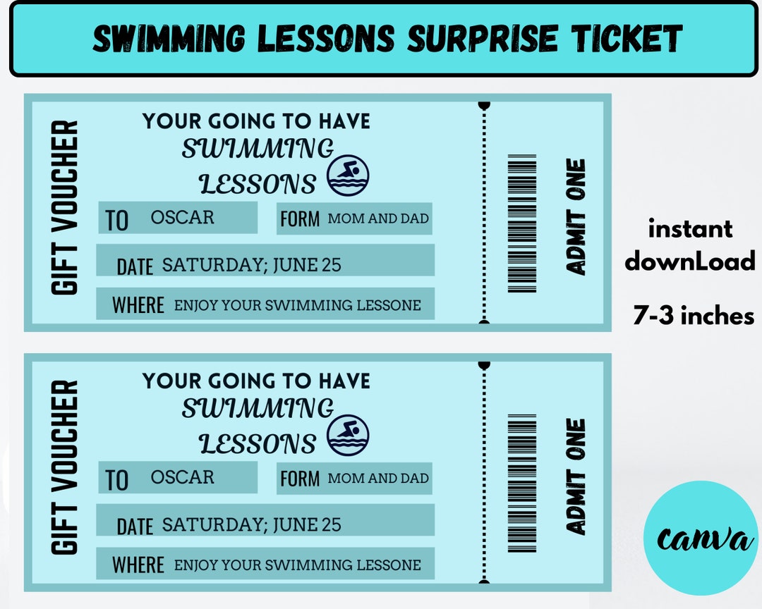 Swimming Lessons Surprise Reveal Ticket Template, Gift Voucher, Swim ...