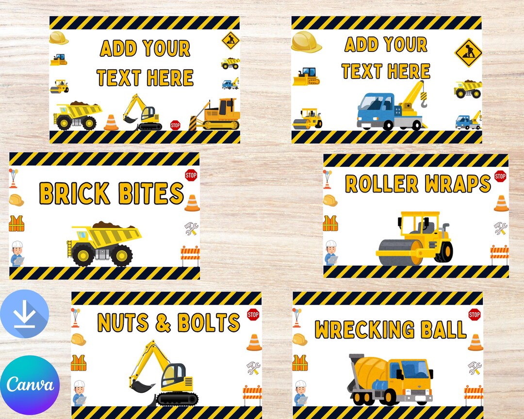 Construction Party Food Labels: Editable Favor Tags (digital Download ...