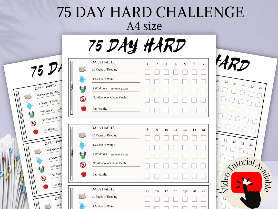 75 Hard Canva, 75 Hard Challenge Printable, A4 75 Hard Challenge Bundle ...