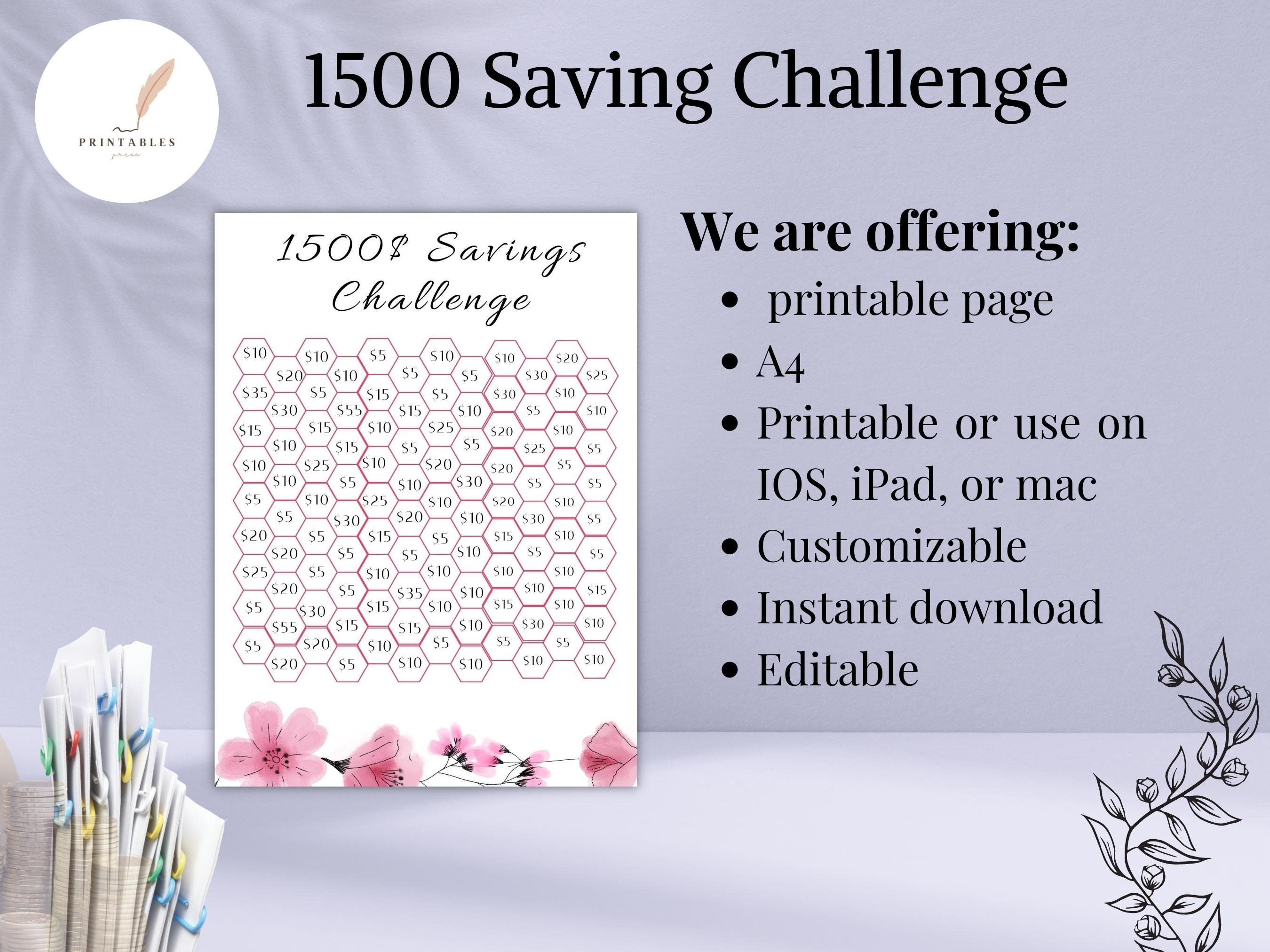 1500 Savings Challenge A6: Money Saving Printable (PDF) - Etsy