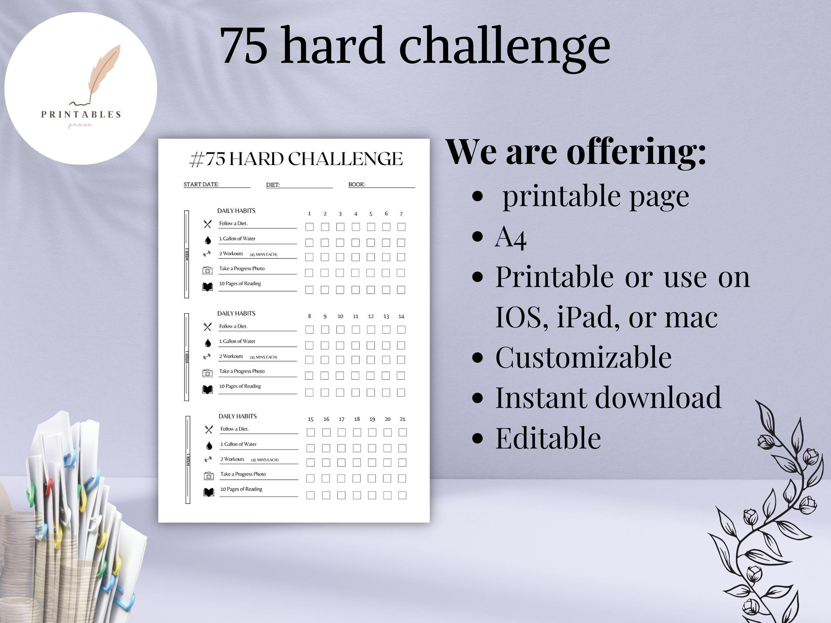 75 Hard Canva, 75 Hard Challenge Printable, A4 75 Hard Challenge Bundle ...