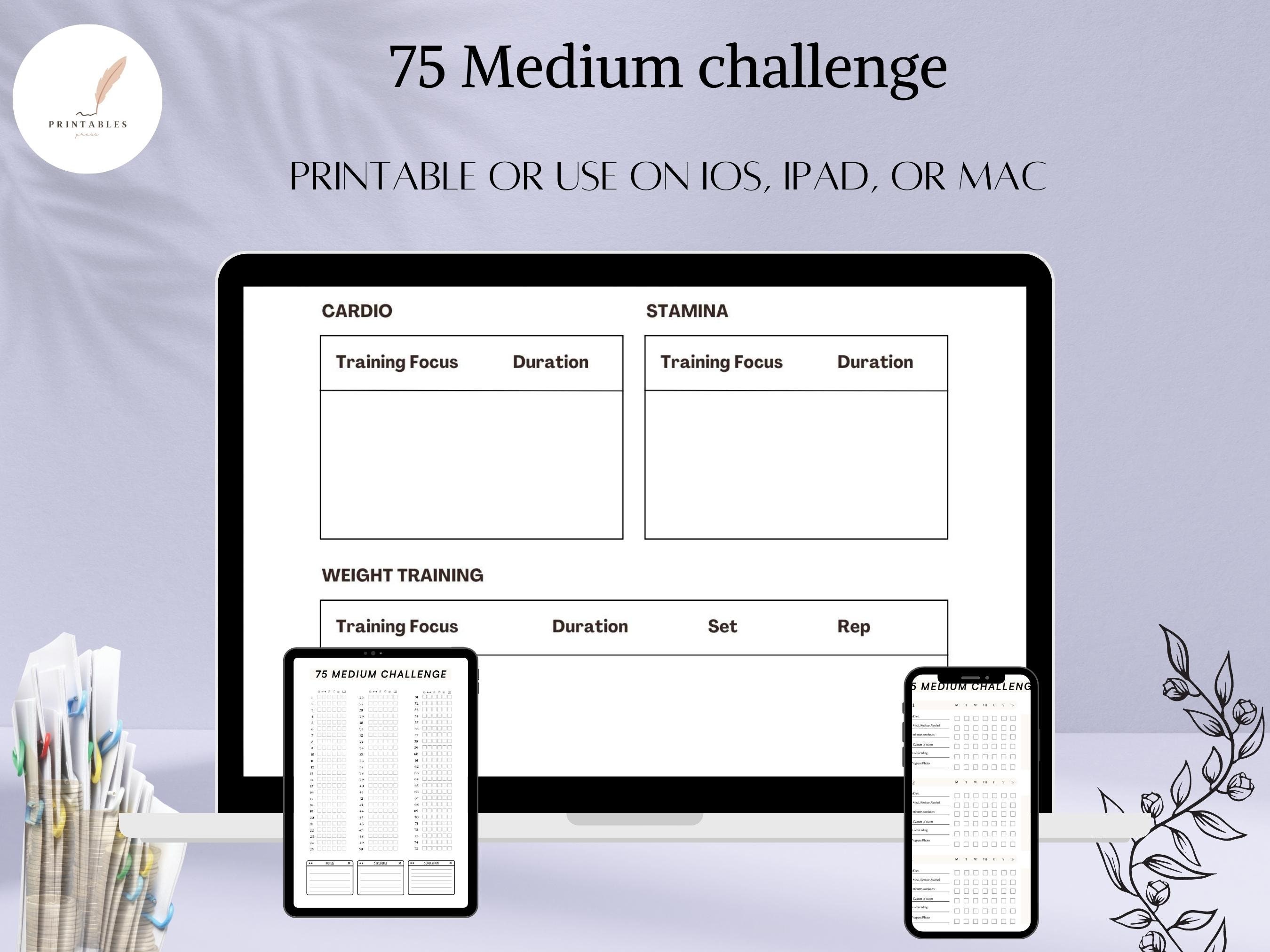 75 Medium Challenge, 75 Medium Printable, 75 Medium Challenge Editable ...