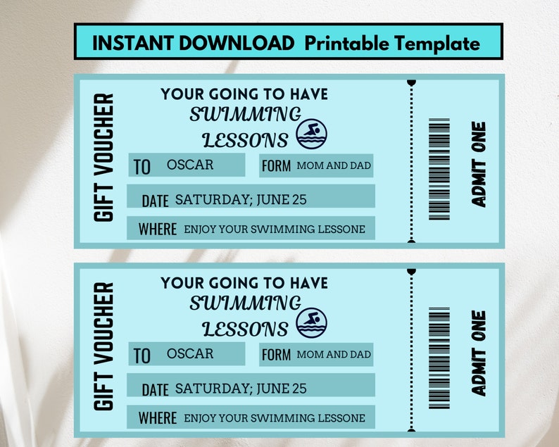 Swimming Lessons Surprise Reveal Ticket Template, Gift Voucher, Swim ...