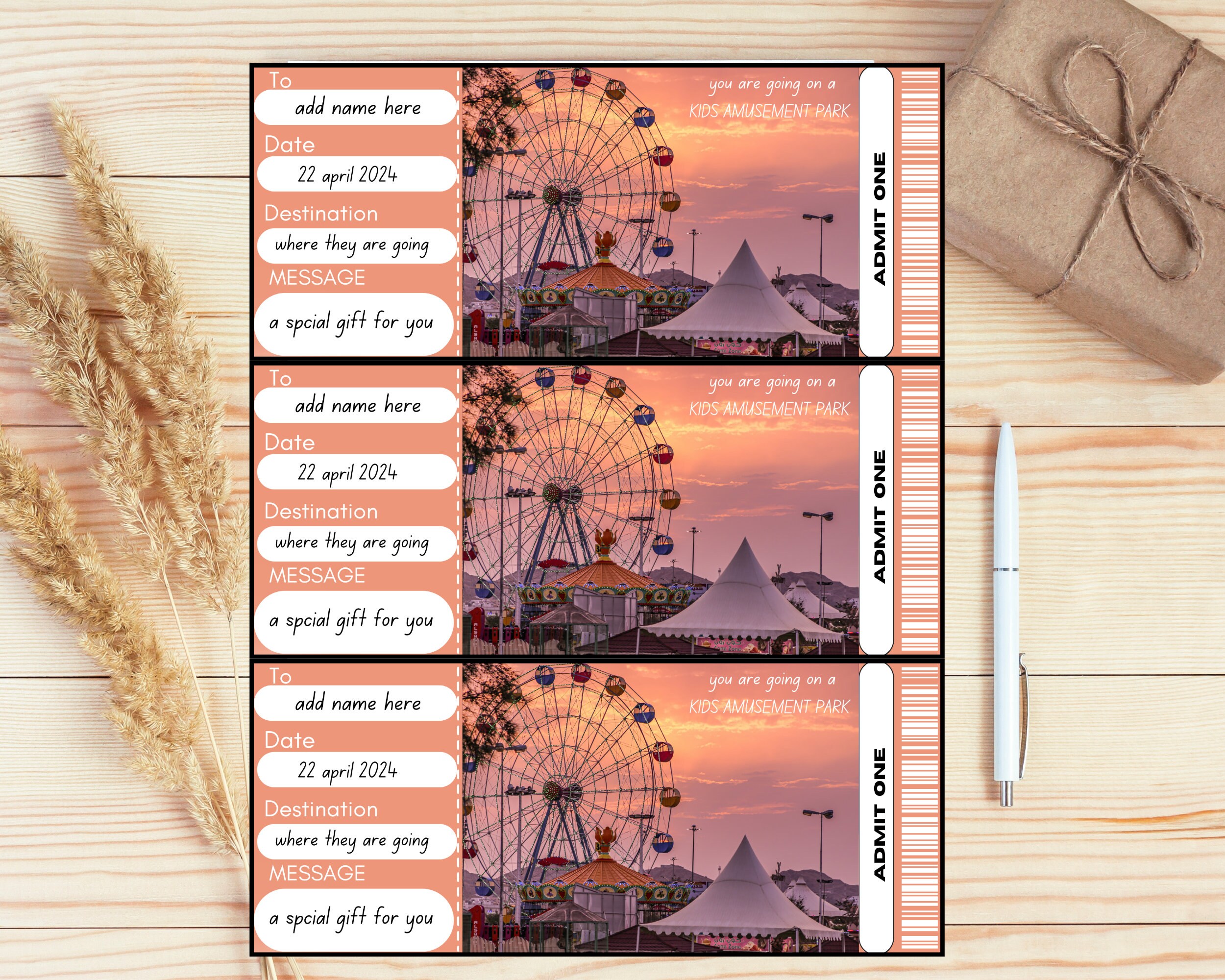 Kids Amusement Park Ticket Template: Editable Surprise Trip Reveal ...