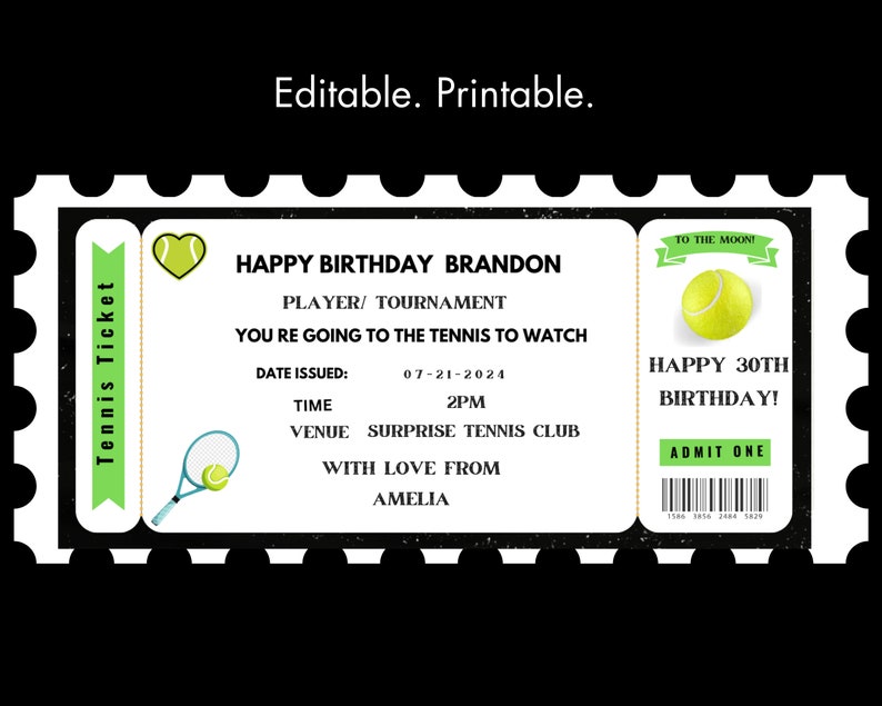 Surprise Tennis Ticket Template: Birthday Gift (printable) - Etsy
