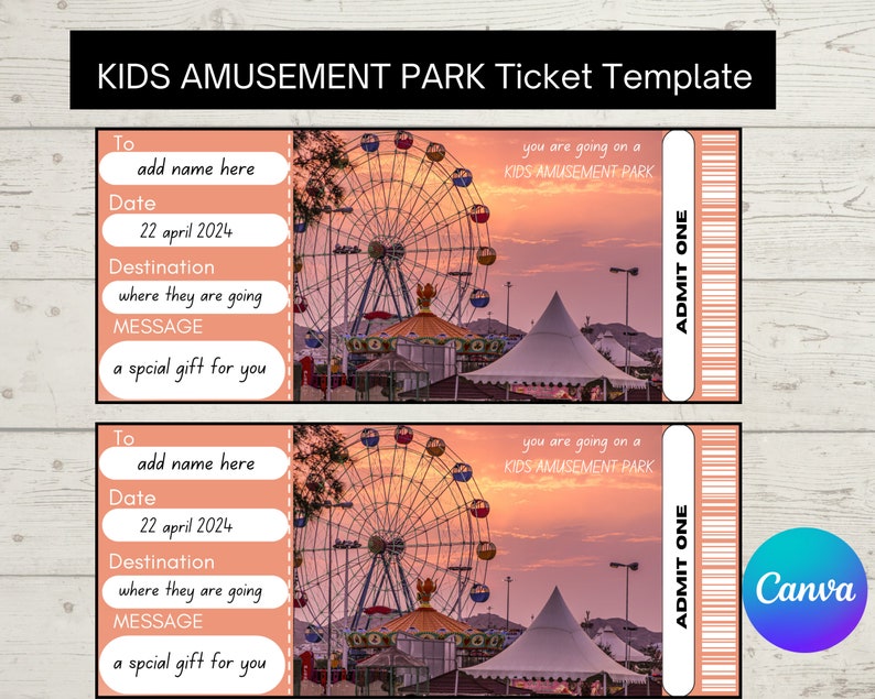 Kids Amusement Park Ticket Template: Editable Surprise Trip Reveal ...