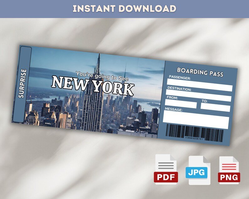 Tarjeta de embarque imprimible Nueva York, viaje sorpresa a Nueva York, plantilla de tarjeta de ...