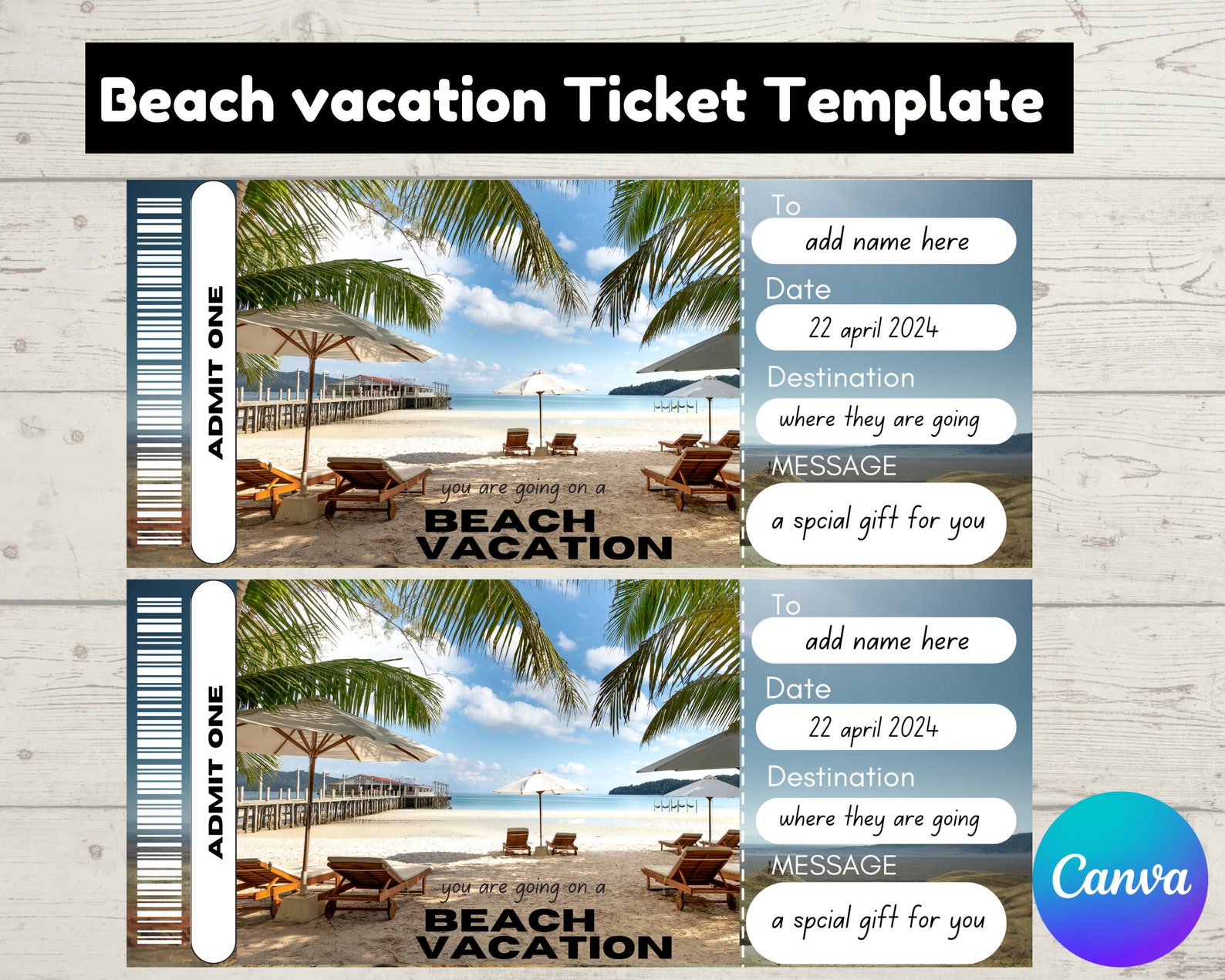 Beach Vacation Ticket Template, Vacation Ticket,family Vacation Ticket ...