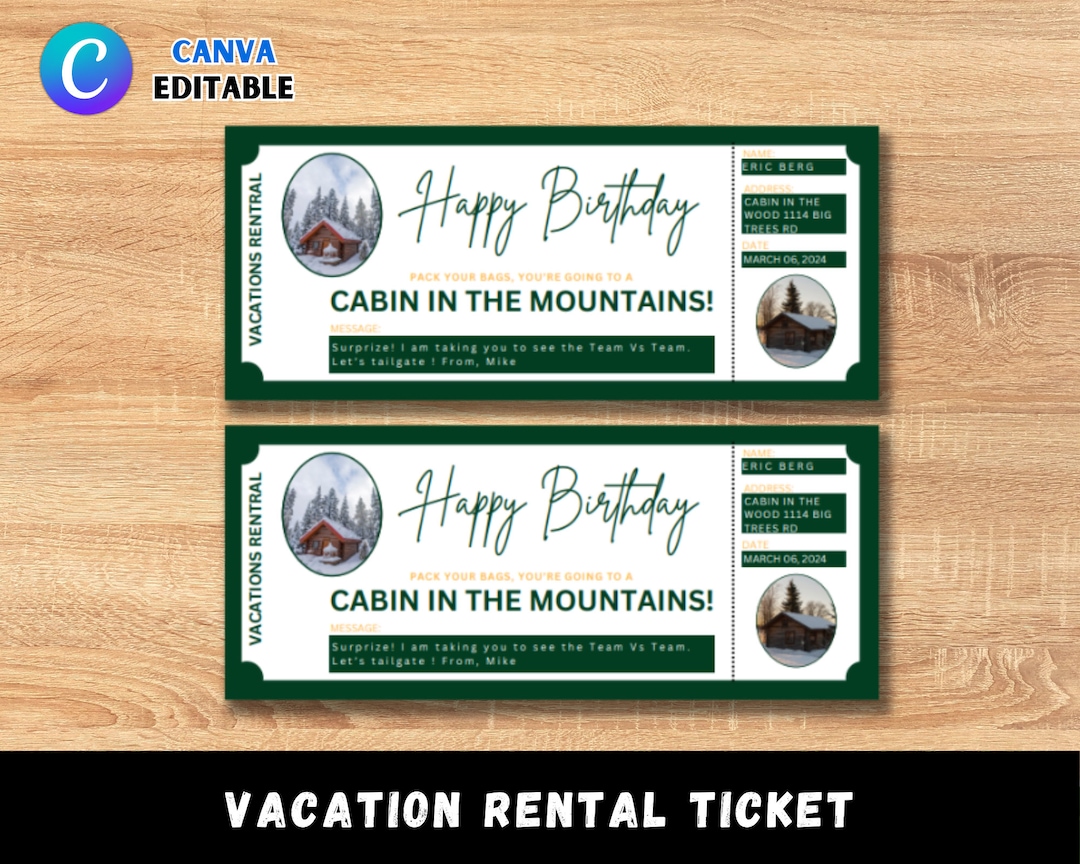 Editable Vacation Rental Ticket Template, Cabin Rental Gift Ticket ...