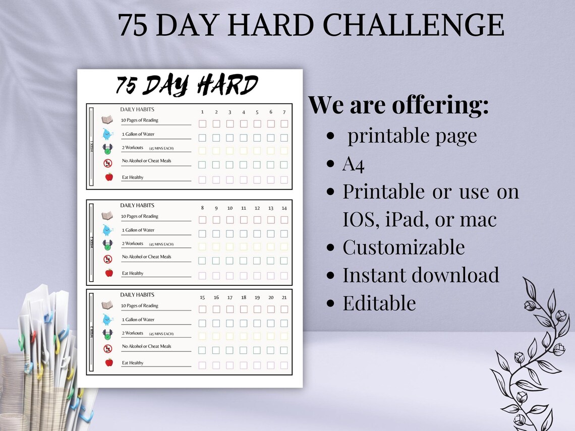 75 Hard Canva, 75 Hard Challenge Printable, A4 75 Hard Challenge Bundle ...