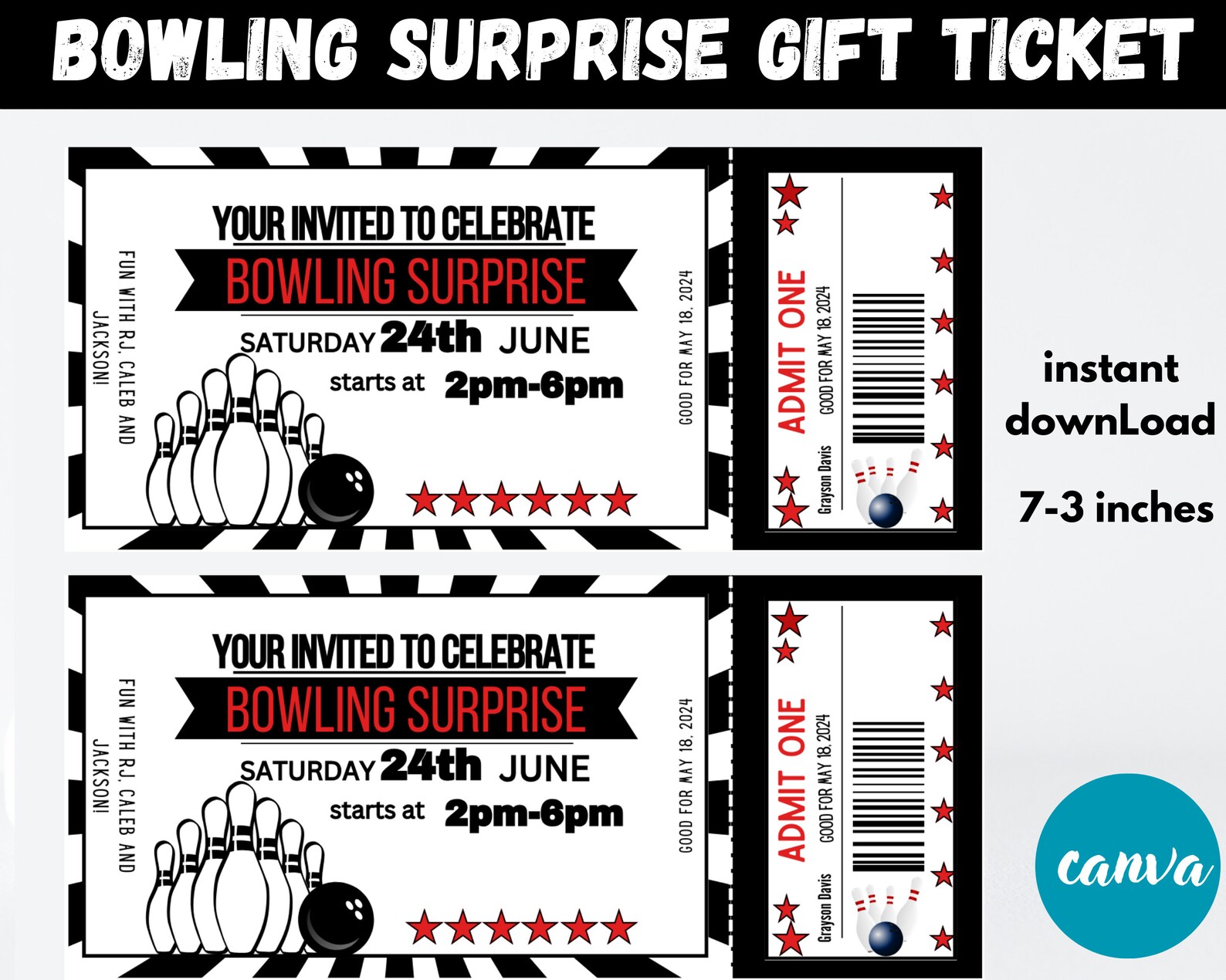 Bowling Surprise Gift Ticket Template: Printable Birthday Voucher ...