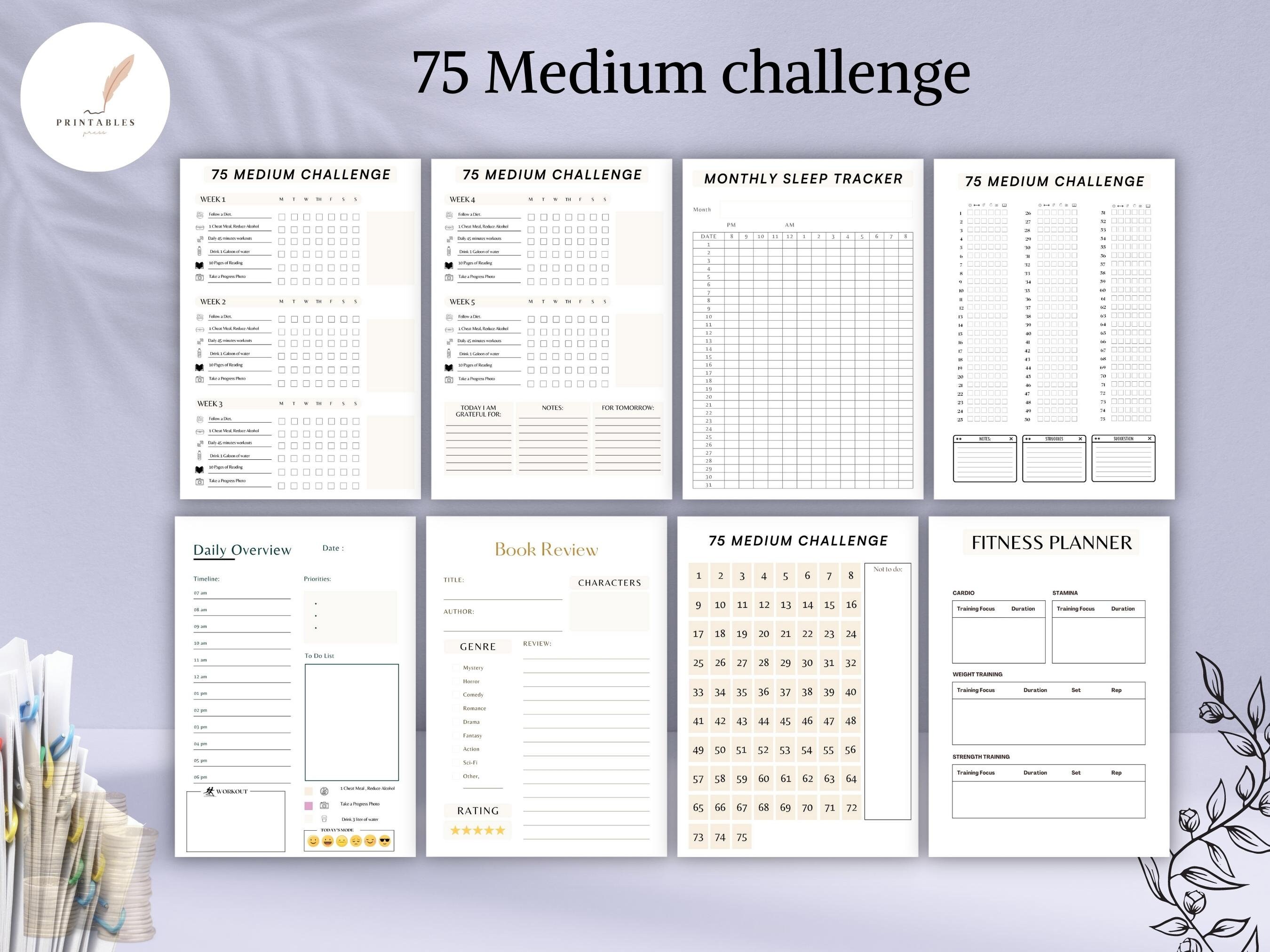 75 Medium Challenge, 75 Medium Printable, 75 Medium Challenge Editable ...