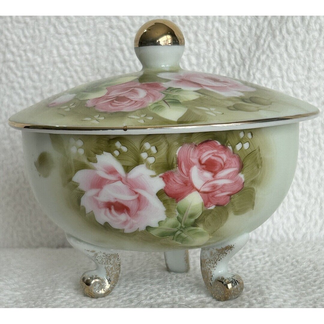 Vintage 1950s Lefton Three Footed Candy Dish/covered Dish Heritage Rose ...