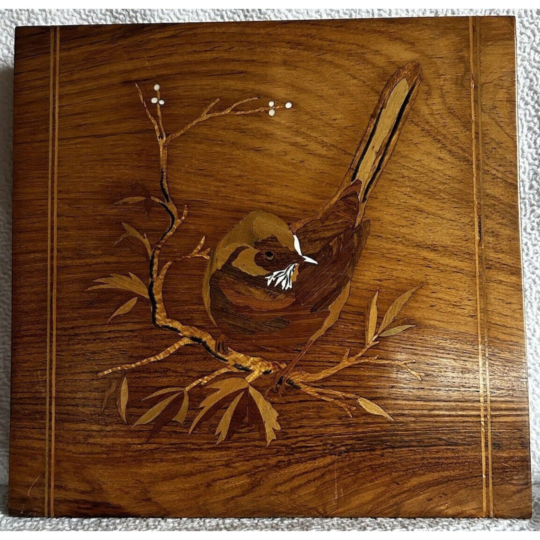 Vintage Wood Inlay Folk Art Wall Hanging Picture of Bird on A Branch ...