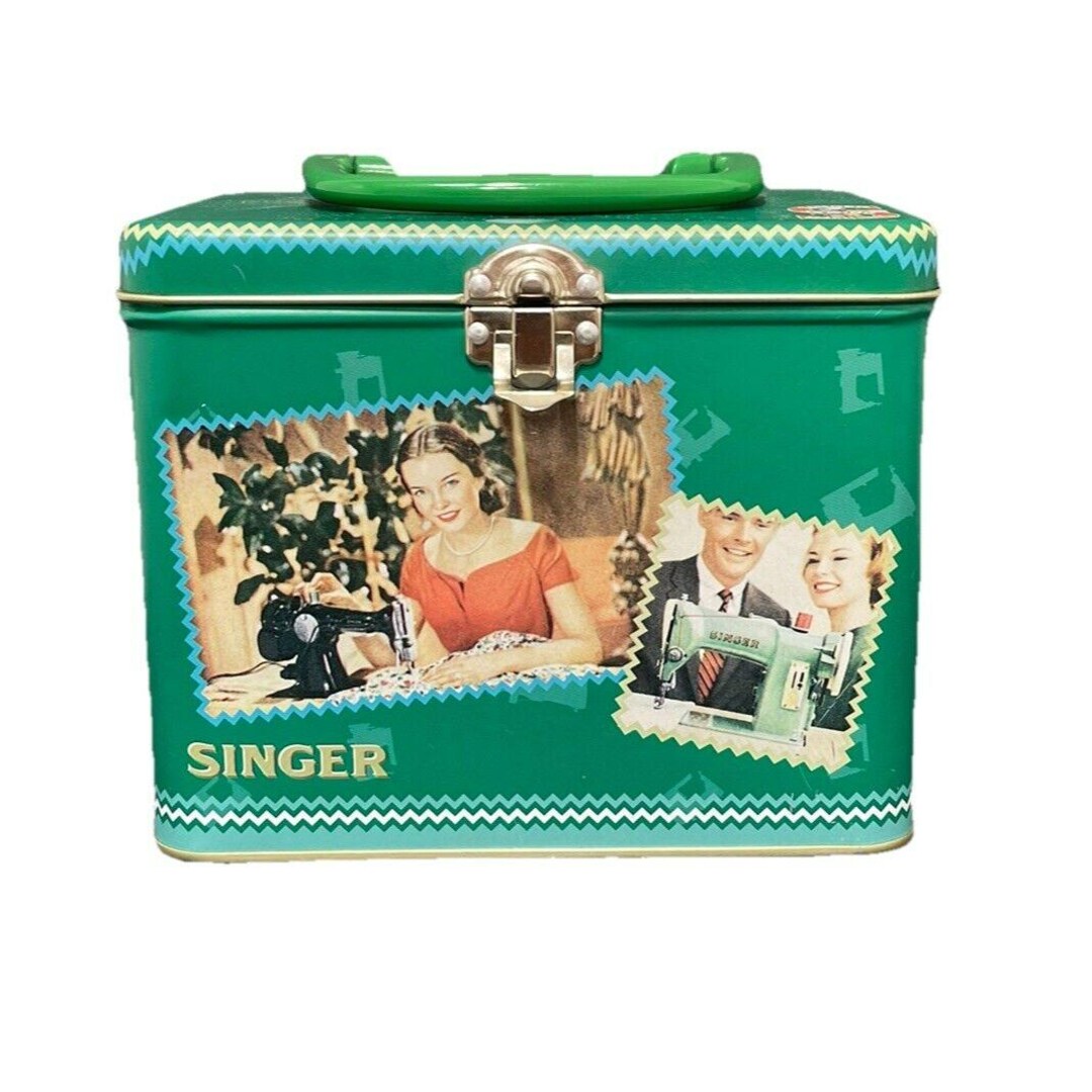 Vintage Singer Sewing Machine Tin Lunchbox Green Sewing Storage Box ...